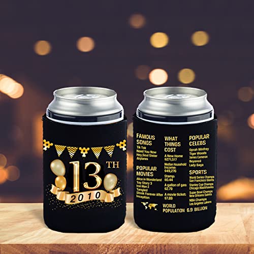 Yangmics 13th Birthday Can Cooler Sleeves Pack of 12-13th Anniversary Decorations- 2010 Sign - 13th Birthday Party Supplies - Black and Gold the thirteenth Birthday Cup Coolers