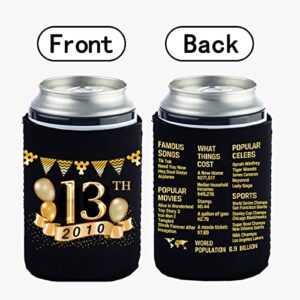 Yangmics 13th Birthday Can Cooler Sleeves Pack of 12-13th Anniversary Decorations- 2010 Sign - 13th Birthday Party Supplies - Black and Gold the thirteenth Birthday Cup Coolers