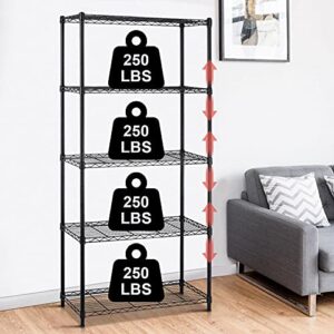 5 tier storage shelves, 1250 lbs capacity heavy duty wire shelving unit, nsf metal shelf, adjustable storage rack for garage pantry kitchen office laundry- 14" d x 36" l x72 h, black