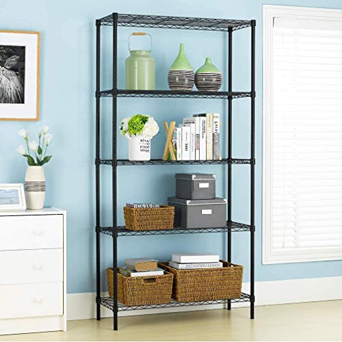 5 Tier Storage Shelves, 1250 Lbs Capacity Heavy Duty Wire Shelving Unit, NSF Metal Shelf, Adjustable Storage Rack for Garage Pantry Kitchen Office Laundry- 14" D X 36" L X72 H, Black