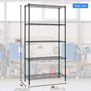 5 Tier Storage Shelves, 1250 Lbs Capacity Heavy Duty Wire Shelving Unit, NSF Metal Shelf, Adjustable Storage Rack for Garage Pantry Kitchen Office Laundry- 14" D X 36" L X72 H, Black