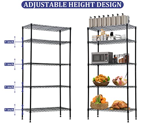 5 Tier Storage Shelves, 1250 Lbs Capacity Heavy Duty Wire Shelving Unit, NSF Metal Shelf, Adjustable Storage Rack for Garage Pantry Kitchen Office Laundry- 14" D X 36" L X72 H, Black