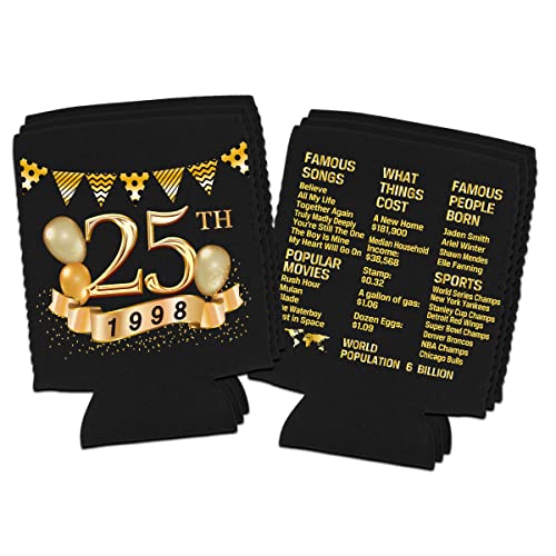 Yangmics 25th Birthday Can Cooler Sleeves Pack of 12-25th Anniversary Decorations- 1998 Sign - 25th Birthday Party Supplies - Black and Gold the twenty-fifth Birthday Cup Coolers