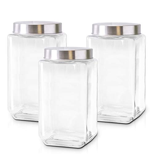 Glass Canisters for Kitchen – Set of 3 Large Food Storage Containers – 70Oz Storage Jars with Stainless Steel Lids – Suitable for Snacks, Flour, Sugar, Pet Treats – Screw-On Lid