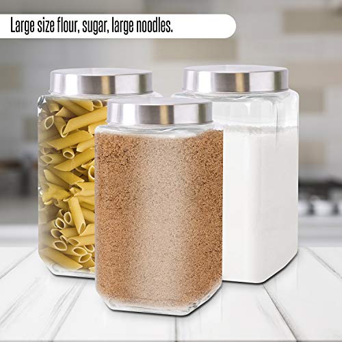 Glass Canisters for Kitchen – Set of 3 Large Food Storage Containers – 70Oz Storage Jars with Stainless Steel Lids – Suitable for Snacks, Flour, Sugar, Pet Treats – Screw-On Lid