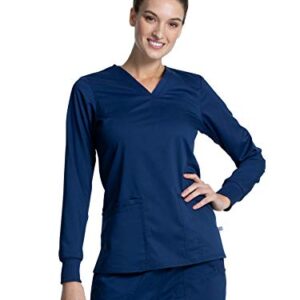 Cherokee Women Scrubs Top Workwear Revolution Tech Long Sleeve V-Neck WW855AB, L, Navy