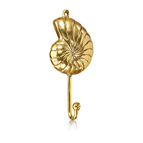 Coastiva Brass Nautilus Shell Decorative Wall Hook, Coastal Home Decor for Towel Holder in Bathroom, Wall Mounted Nautical Style Hooks for Hanging Coat, Robe, Bag, Scarves, Towels, Hat Purse and Key