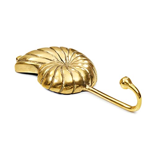 Coastiva Brass Nautilus Shell Decorative Wall Hook, Coastal Home Decor for Towel Holder in Bathroom, Wall Mounted Nautical Style Hooks for Hanging Coat, Robe, Bag, Scarves, Towels, Hat Purse and Key