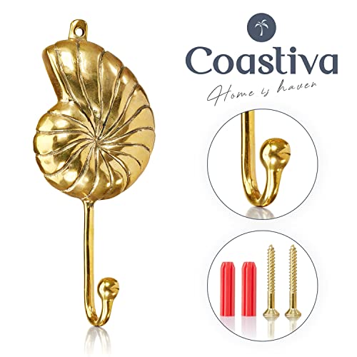 Coastiva Brass Nautilus Shell Decorative Wall Hook, Coastal Home Decor for Towel Holder in Bathroom, Wall Mounted Nautical Style Hooks for Hanging Coat, Robe, Bag, Scarves, Towels, Hat Purse and Key