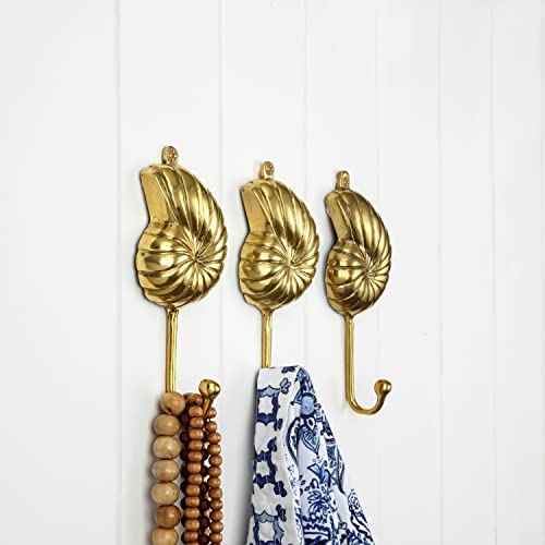 Coastiva Brass Nautilus Shell Decorative Wall Hook, Coastal Home Decor for Towel Holder in Bathroom, Wall Mounted Nautical Style Hooks for Hanging Coat, Robe, Bag, Scarves, Towels, Hat Purse and Key