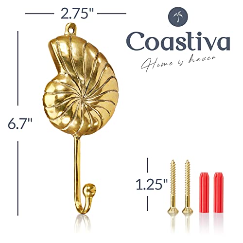 Coastiva Brass Nautilus Shell Decorative Wall Hook, Coastal Home Decor for Towel Holder in Bathroom, Wall Mounted Nautical Style Hooks for Hanging Coat, Robe, Bag, Scarves, Towels, Hat Purse and Key