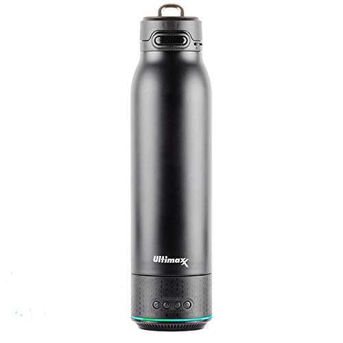 Vacuum Insulated Premium Water Bottle with Rechargeable Bluetooth Speaker - Steel Double Wall Design + Lights, Convenient drinking spout, Lid Lock, and Carry Handle (700ml/23.6 oz) (Black)