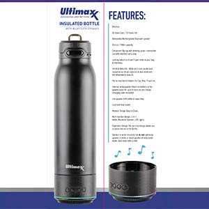 Vacuum Insulated Premium Water Bottle with Rechargeable Bluetooth Speaker - Steel Double Wall Design + Lights, Convenient drinking spout, Lid Lock, and Carry Handle (700ml/23.6 oz) (Black)