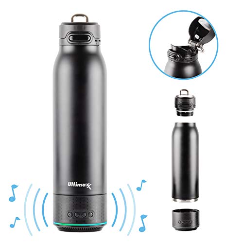 Vacuum Insulated Premium Water Bottle with Rechargeable Bluetooth Speaker - Steel Double Wall Design + Lights, Convenient drinking spout, Lid Lock, and Carry Handle (700ml/23.6 oz) (Black)