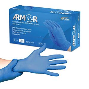 pac-dent armor nitrile disposable exam gloves, powder free and latex free, 3.5mm thick, textured grip, box of 100, blue, large