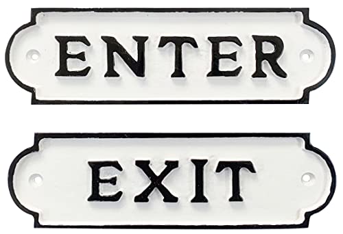 Ziolte Set of Enter exit Cast Iron Gate Sign Plates, Rustic Gate Plaques in White and Black, 2.25 x 7.4 Inches Each; Includes Mounting Hardware…