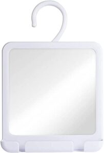 portable hanging fogless shower mirror for shaving with hangable hook, razor holder and anti fog shatterproof surface - fill basin behind mirror with hot water for fog free shave - 8" x 7" (white)