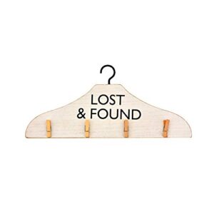 lost & found wood laundry room wall decor with 4 natural wood clips, decorative and functional clothes-hanger shaped laundry room organizer for socks, whitewashed, 13.4" w x 6.1" h