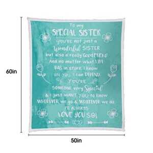 BLANKIEBLISS - Teal Sister Throw Blanket - Super Soft & Cozy Sherpa Fleece - Perfect Sister or in Law Birthday Gifts from Sister - Snuggly Hug Blankets 60x50