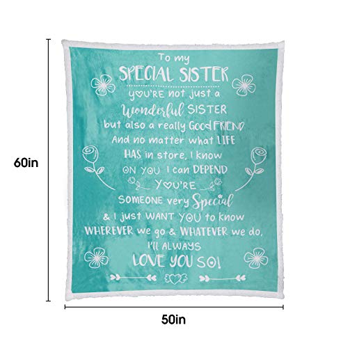 BLANKIEBLISS - Teal Sister Throw Blanket - Super Soft & Cozy Sherpa Fleece - Perfect Sister or in Law Birthday Gifts from Sister - Snuggly Hug Blankets 60x50