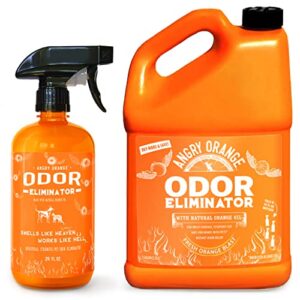 angry orange pet odor eliminator for strong odor - pack of 2 citrus deodorizers for dog or cat urine smells on carpet, furniture & floors - 24 oz & 1 gallon (refill) - puppy supplies