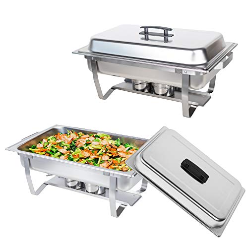 Valgus 2 Pack 8QT Stainless Steel Chafing Dish Buffet Chafer Set with Foldable Frame Water Trays Food Pan Fuel Holder and Lid Food Warmers for Wedding, Parties, Banquet, Catering Events