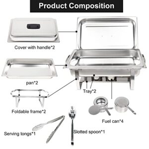 Valgus 2 Pack 8QT Stainless Steel Chafing Dish Buffet Chafer Set with Foldable Frame Water Trays Food Pan Fuel Holder and Lid Food Warmers for Wedding, Parties, Banquet, Catering Events