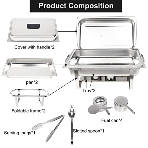 Valgus 2 Pack 8QT Stainless Steel Chafing Dish Buffet Chafer Set with Foldable Frame Water Trays Food Pan Fuel Holder and Lid Food Warmers for Wedding, Parties, Banquet, Catering Events