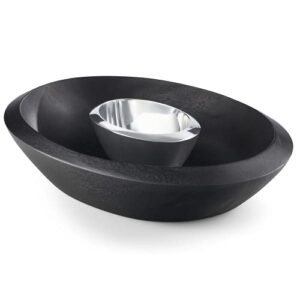 nambe - noir collection dark stained acacia wood chip & dip serving bowl with nambe alloy dip bowl - measures at 16" x 11" - made with acacia wood and nambe alloy - designed by steve cozzolino