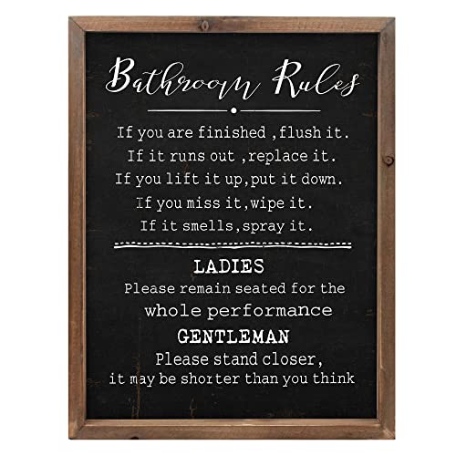 Wartter Rustic Bathroom Rules Sign,Farmhouse Toilet Wall Decor,Funny Bathroom Wood Framed Wall Art Decorations(11.8x15.8in) (black)