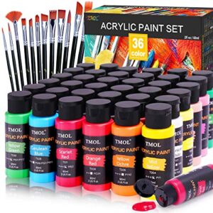 acrylic paint set, 36 colors (2 oz/bottle) with 12 art brushes, art supplies for painting canvas, wood, ceramic & fabric, rich pigments lasting quality for beginners, students & professional artist