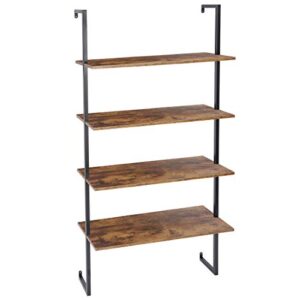 super deal 4 tier bookcase, floating wall mounted bookshelf hanging wall wood shelves with industrial pipe metal frame, 30in l x 11.8in w x 64in h, rustic brown