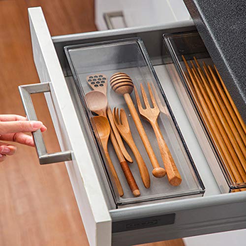 AIYoo Transparent Flatware Tray Kitchen Drawer Organizer With Lid - Plastic Kitchen Cutlery Tray and Utensil Silverware Storage Container with Cover - Dinnerware Holder for Camper Picnic