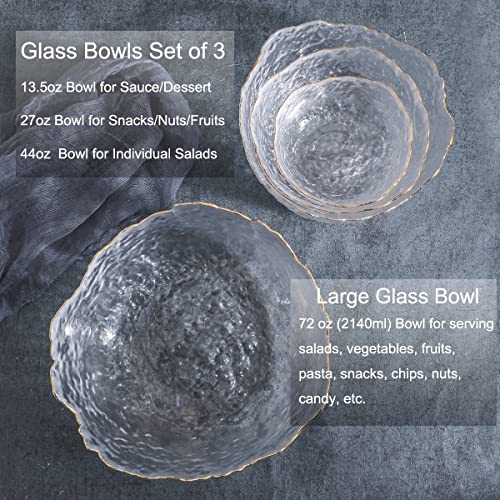 OBR KING Glass Salad Bowls Set of 3 Phnom Penh Mixing Bowls Irregular Shape Serving Bowls for Kitchen Prep Fruit Pasta Popcorn and Snack