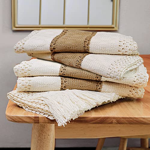 OurWarm Boho Table Runner Splicing Burlap Macrame Table Runner for Home Decor, Cream & Brown Farmhouse Table Runner with Tassels for Bohemian Rustic Wedding, Bridal Shower, Dinner (12x108 Inches)