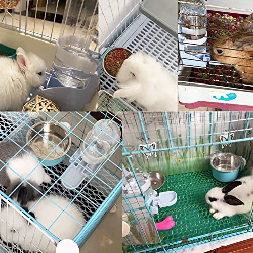 Crate Bunny Food Bowl Removable Stainless Steel Hanging Drinking Fountain Plasticbottle Water Dispenser Drinker Food Feeder Pet Cage Bowl Feeder Cup for Rabbits Cat Puppy Rats Guinea Pigs