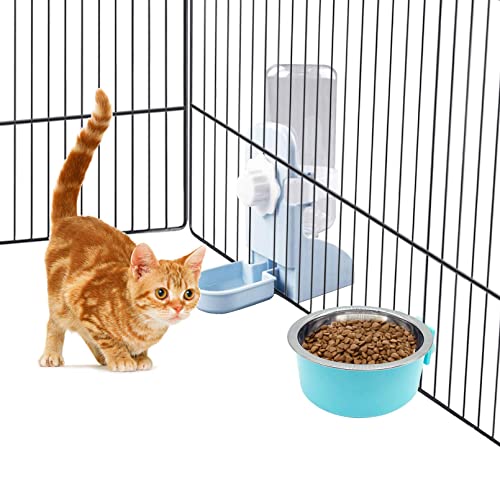 Crate Bunny Food Bowl Removable Stainless Steel Hanging Drinking Fountain Plasticbottle Water Dispenser Drinker Food Feeder Pet Cage Bowl Feeder Cup for Rabbits Cat Puppy Rats Guinea Pigs