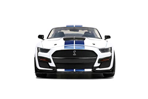 Jada Toys Bigtime Muscle 1:24 2020 Ford Mustang Shelby GT500 Die-cast Car Blue White Stripes, Toys for Kids and Adults