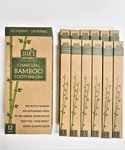 Zeek's Naturals LLC Biodegradable Eco-Friendly Natural Bamboo Charcoal Toothbrushes - Pack of 12 - Numbered - Charcoal Infused Bristles (12)