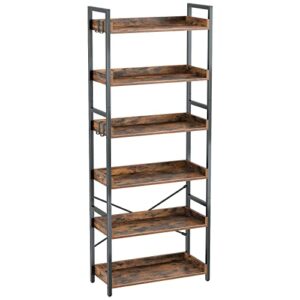 rolanstar bookshelf 6 tier with 4 hooks, industrial wood bookcase, vintage storage rack with open shelves, rustic standing bookshelves metal frame display rack for living room, bedroom, rustic brown