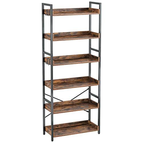 Rolanstar Bookshelf 6 Tier with 4 Hooks, Industrial Wood Bookcase, Vintage Storage Rack with Open Shelves, Rustic Standing Bookshelves Metal Frame Display Rack for Living Room, Bedroom, Rustic Brown