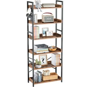 Rolanstar Bookshelf 6 Tier with 4 Hooks, Industrial Wood Bookcase, Vintage Storage Rack with Open Shelves, Rustic Standing Bookshelves Metal Frame Display Rack for Living Room, Bedroom, Rustic Brown