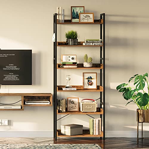 Rolanstar Bookshelf 6 Tier with 4 Hooks, Industrial Wood Bookcase, Vintage Storage Rack with Open Shelves, Rustic Standing Bookshelves Metal Frame Display Rack for Living Room, Bedroom, Rustic Brown