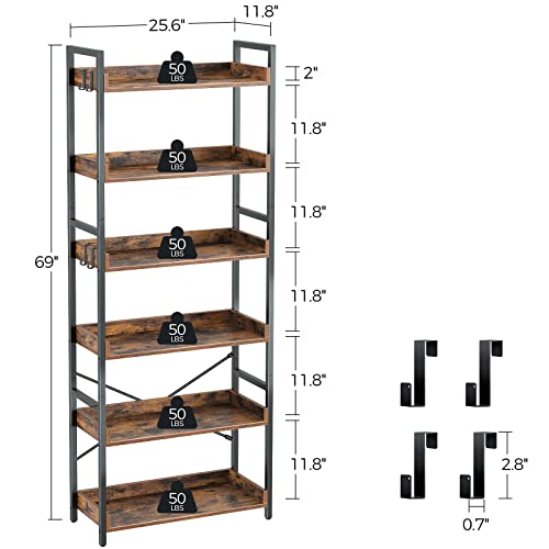 Rolanstar Bookshelf 6 Tier with 4 Hooks, Industrial Wood Bookcase, Vintage Storage Rack with Open Shelves, Rustic Standing Bookshelves Metal Frame Display Rack for Living Room, Bedroom, Rustic Brown