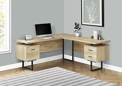 Monarch Specialties 7613 Computer Desk, Home Office, Corner, Left, Right Set-up, Storage Drawers, 70" L, L Shape, Work, Laptop, Metal, Laminate, Natural, Black Desk-70 R Face, 71" L x 71" W x 30" H