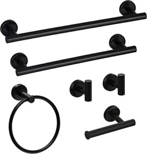 bathroom hardware set, 6-piece matte black bath accessories set wall mount includes 17/23" towel bar,toilet paper holder,towel ring, 2 hooks sus304 stainless steel,heavy duty