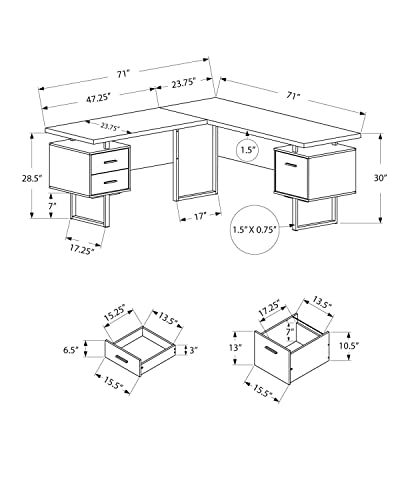 Monarch Specialties I 7611 Computer Desk, Home Office, Corner, Left, Right Set-up, Storage Drawers, 70" L, L Shape, Work, Laptop, Metal, Laminate, Brown, Black