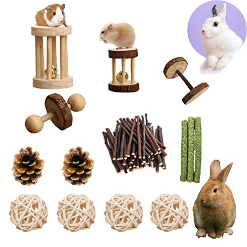 PD Hamster Chew Toys for Teeth, Natural Wood Dumbbells Exercise Bell Roller Molar Toys for Rabbit Bunny Chinchilla Guinea Pig Gerbils Groundhog Squirrels (Style 1)