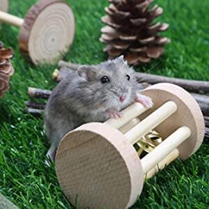 PD Hamster Chew Toys for Teeth, Natural Wood Dumbbells Exercise Bell Roller Molar Toys for Rabbit Bunny Chinchilla Guinea Pig Gerbils Groundhog Squirrels (Style 1)