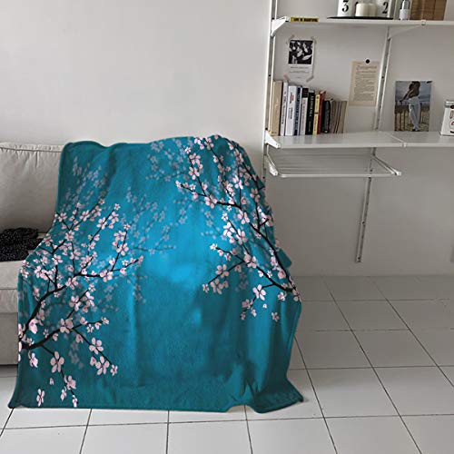 Heart Pain Soft Flannel Fleece Blanket Cherry Blossoms Breathable Throw Blanket Pink Blue Cozy Blanket for Couch Sofa Bed Living Room Suitable for All Season - 50x60 inch